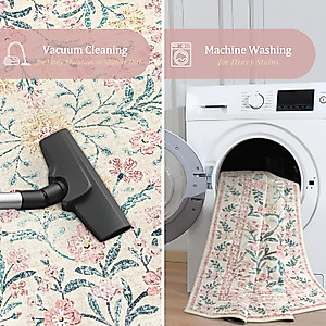 Morebes 5x7 Rug for Living Room Non Slip, Washable Light Pink Rugs for Bedroom Girls, Soft Low-Pile Boho Nursery Rug Indoor Floral Print Throw Carpet for Bedside,Pink&Green/Multi