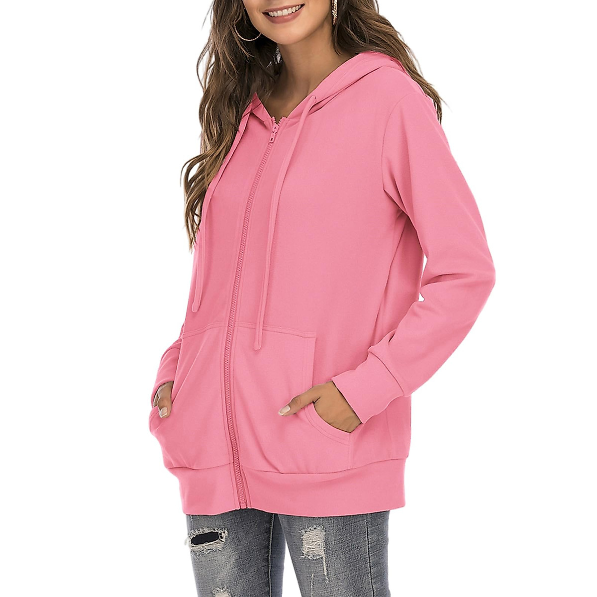 GOCHIC Womens Full Zip Hoodies Long Sleeve Oversized Basic Drawstring Hooded Sweatshirt Lightweight Loose Fit 2023 Fall Winter Hoody Jackets with Pockets Pink Small