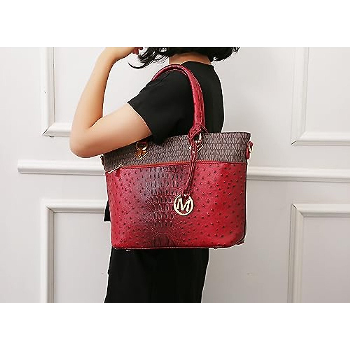 MKF Crossbody Shoulder Bag for Women – PU Leather Top Handle Pocketbook – Roomy Tote Satchel Handbag Purse M Charm Beige