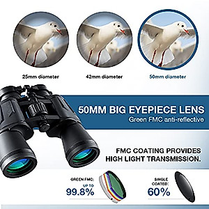 Binoculars for Adults - 20x50 High Power Binoculars for Bird Watching 28mm Large Eyepiece Waterproof Binoculars Hunting Hiking Concert Travel with Smartphone Adapter BAK4 Prism FMC Lens, Black