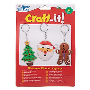Baker Ross AT212 Christmas Wooden Keyrings Kits - Pack of 8, Festive Arts and Craft