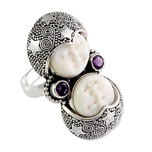 NOVICA Artisan Handmade Amethyst Cocktail Ring Artisan Crafted Sterling Silver Bone Indonesia Birthstone Balinese Traditional [crownbezel 1.7 in L x 0.8 in W x 0.4 in H Band Width 4 mm W] ' Royal