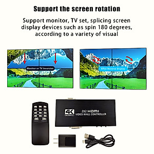 Video Wall Controller, 4K x 2K HD Seamless Splicing Professional Processor with HDMI+DVI+RS232 Input, 4 Way HDMI & SPDIF Output 180 Degree Rotate TV Wall Display 2x2, 1x2, 1x3, 1x4, 2x1, 3x1, 4x1
