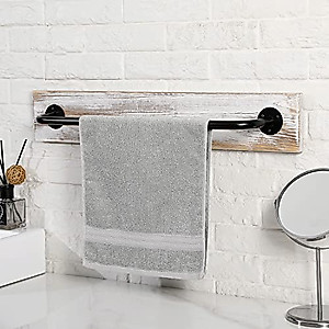 MyGift 24-inch Industrial Black Metal Towel Bar Rack with Vintage White Wood Wall Mount Bathroom Towel Holder