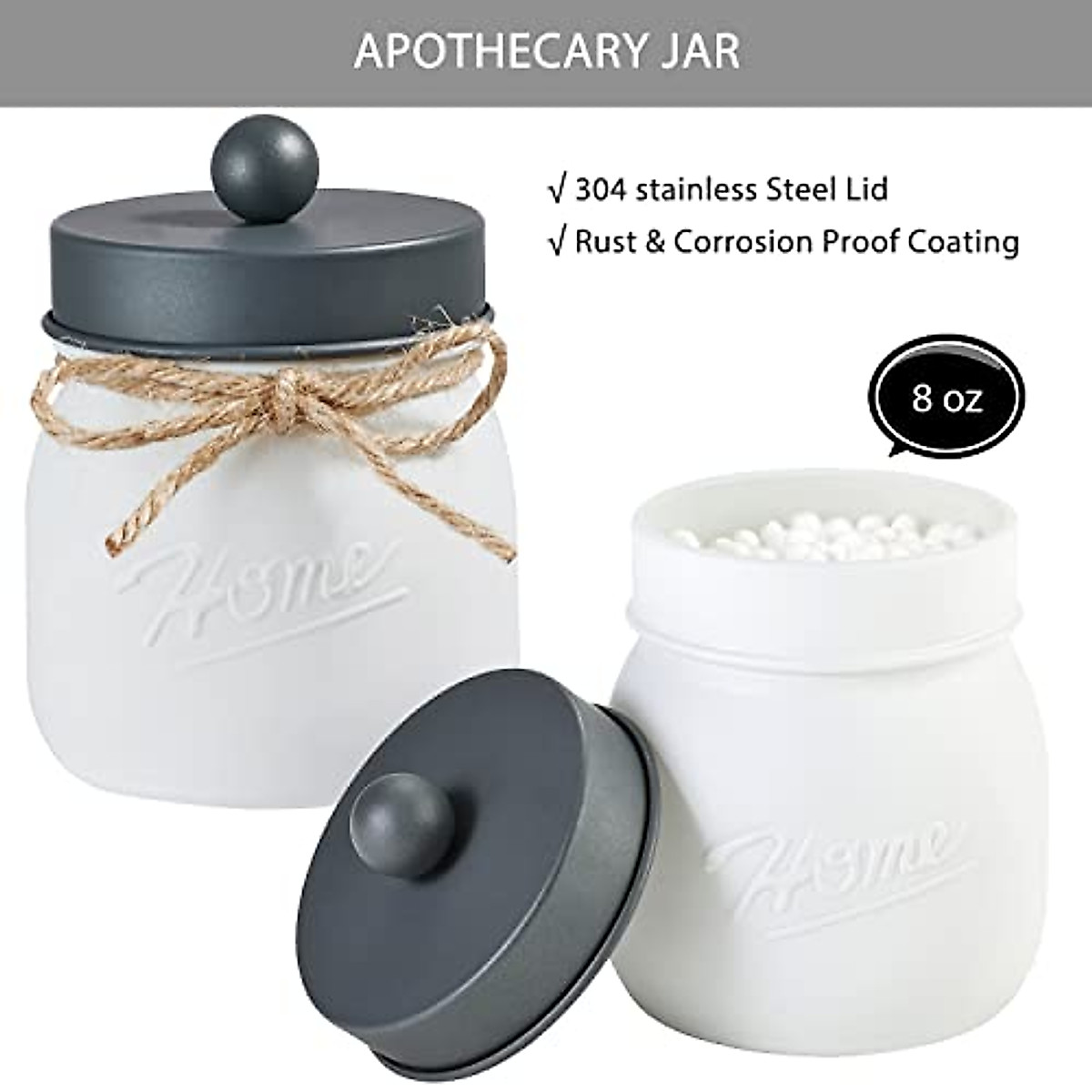 White Mason Jar Bathroom Accessories Set 8 Pcs - Lotion Soap Dispenser,Toothbrush Holder,2 Apothecary Jar Canisters, Flower Vase,Soap Dish,Vanity Tray,Storage Organizer Basket Bin (Grey)