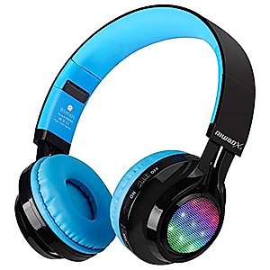 Riwbox Bluetooth Headset, AB005 Wireless Headphones 5.0 with Microphone Foldable Headphones with TF Card FM Radio and LED Light for Cellphones and All Bluetooth Enabled Devices (Black&Blue)