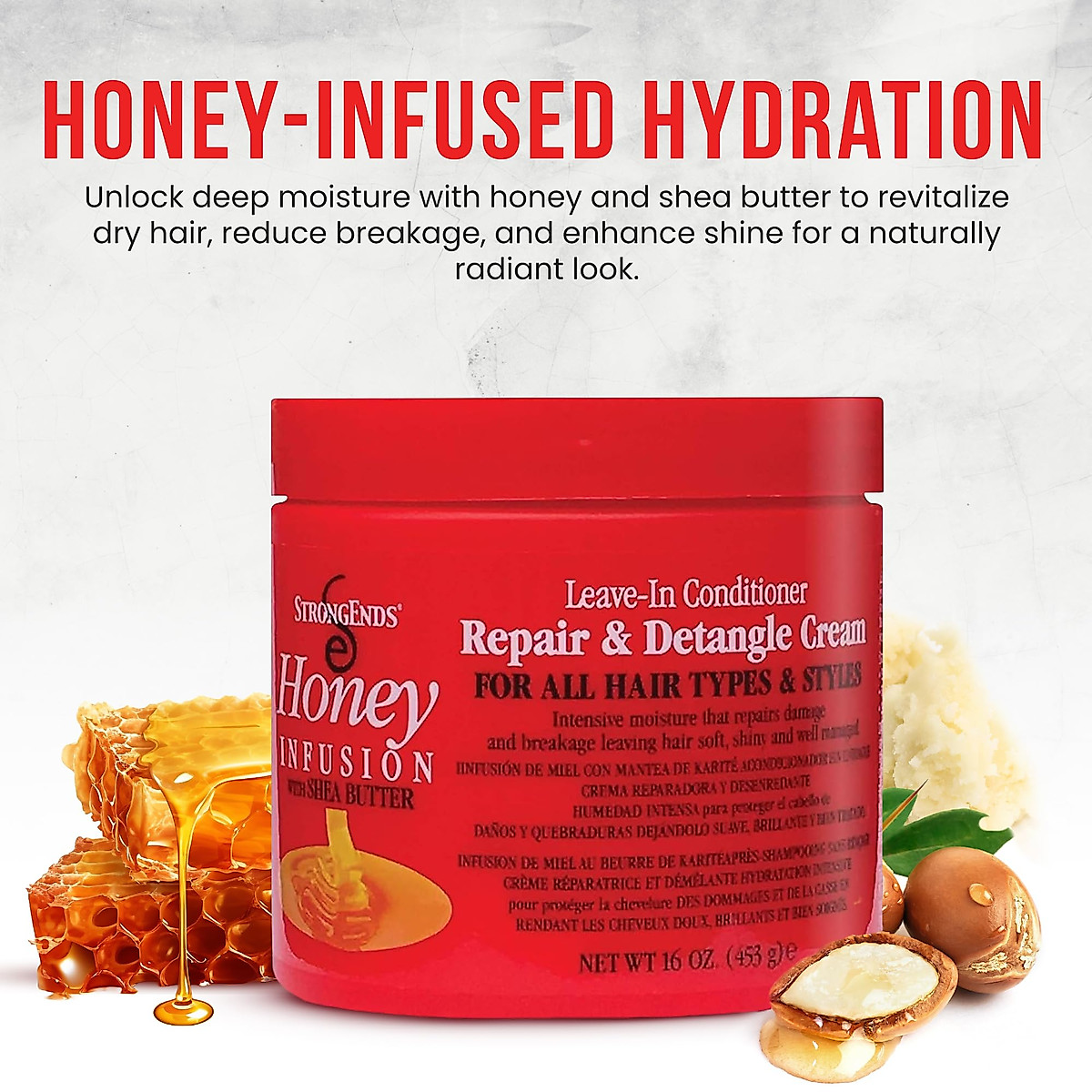 Biocare StrongEnds Moisturizing Leave-In Conditioner & Detangler Cream, Miracle Repair for All Hair Types & Hair Styles - Prevents Split Ends & Breakage, Infused with Honey & Shea Butter, 16 oz.