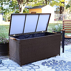 Sunnydaze Faux Wicker Outdoor Deck Storage Box with Acacia Wood Handles - 75-Gallon Patio Cushion Storage Bin with Hinged Lid - Organizer for Garage, Lawn, Pool, Porch and Garden - Brown