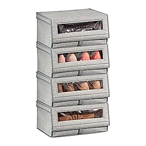mDesign Large Fabric Closet Shoe Storage Box w/Clear Window - Shoe, Sandal, Sweater, Linen, Clothes Organizer - Boot Storage Solutions - Shoe Bin - Lido Collection, 4 Pack, Gray