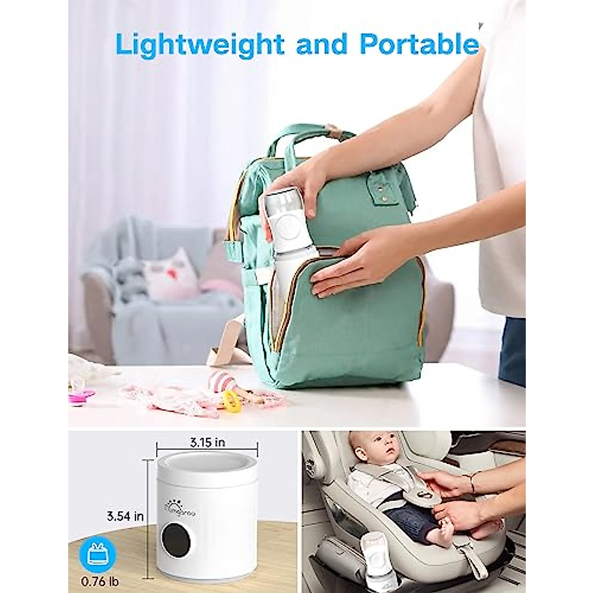 Bottle Warmer, Portable Bottle Warmer for Travel with 4 Adapters, LED Real-time Display & Rechargeable & Precise Temperature Control Travel Bottle Warmer for All Bottles for Breastmilk & Formula