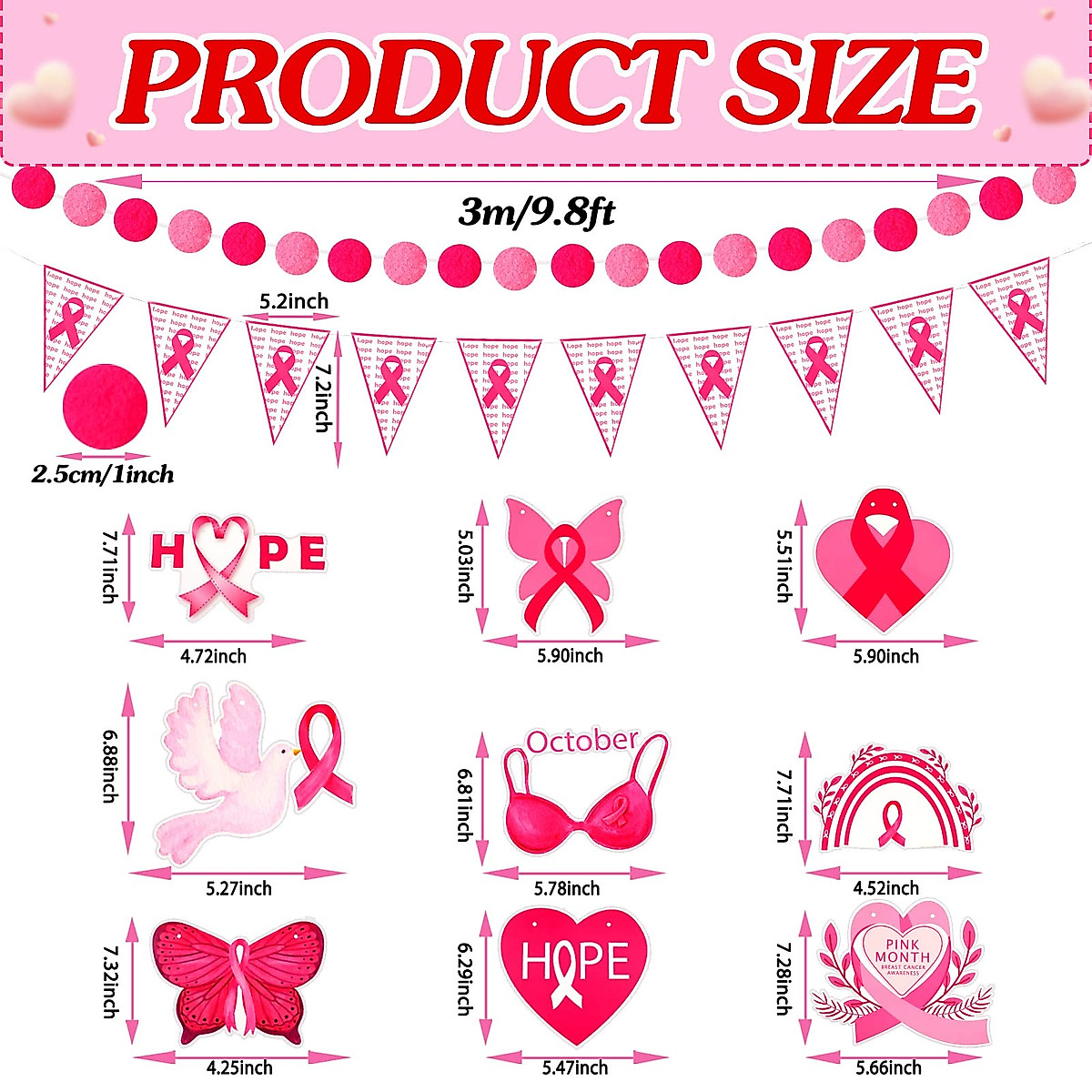 Tudomro 5 Pcs 118 inches Breast Cancer Awareness Decorations Pink Ribbon Pennant Banner Pink and White Hope Faith Strength Courage Inspiring Flag Love Bunting Wall Banner for Breast Cancer Month