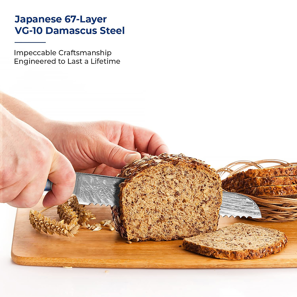 SENKEN Damascus Steel Bread Knife - Tsunami Collection - 67-Layer Japanese VG10 Steel Core - Unique Blue Resin & Natural Wood Handle, Razor Sharp, Beautiful Damascus Wave Pattern (7.5" Bread Knife)