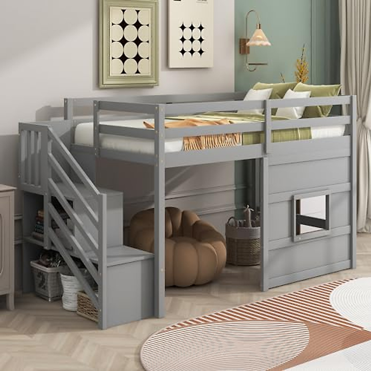 WOXYX Twin Size Loft Bed,Wood Beds Frame with Storage Staircase and Window,Grey