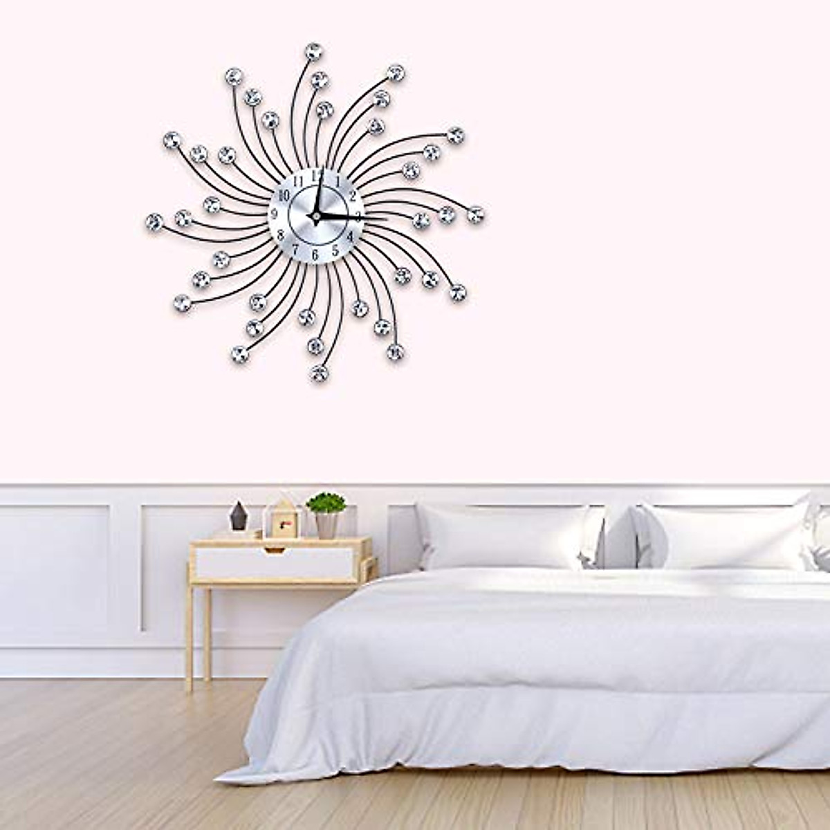 NCONCO Wall Clock, Sparkling Bling Metallic Silver Flower-Shaped Wall Clock for Living Room Officeï¼ˆArc Flowerï¼‰