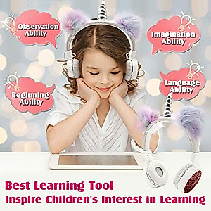 JINSERTA Bluetooth 5.0 Headphones with Fluffy Cat Ears for Kids, Kids Headband Earphone Foldable Headset Rechargeable Support TF Card, FM, Aux in (Black)