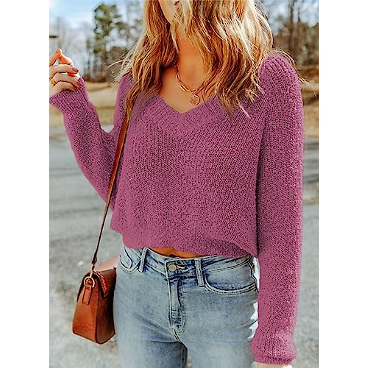 Dokotoo Solid V Neck Cropped Sweaters for Women Fall Casual Long Sleeve Knitted Pullover Jumper Tops Red Medium