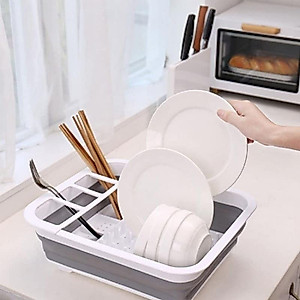 J&V TEXTILES Collapsible Dish Drying Rack - Popup for Easy Storage, Drain Water Directly into The Sink, Room for Eight Large Plates, Sectional Cutlery and Utensil Compartment, Compact (Blue)