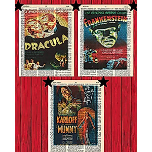 Vintage Horror Movie Posters Set of (3) Dracula Frankenstein The Mummy Prints Scary Horror Movie Monster Dictionary Art Prints 8x10(UNFRAMED)