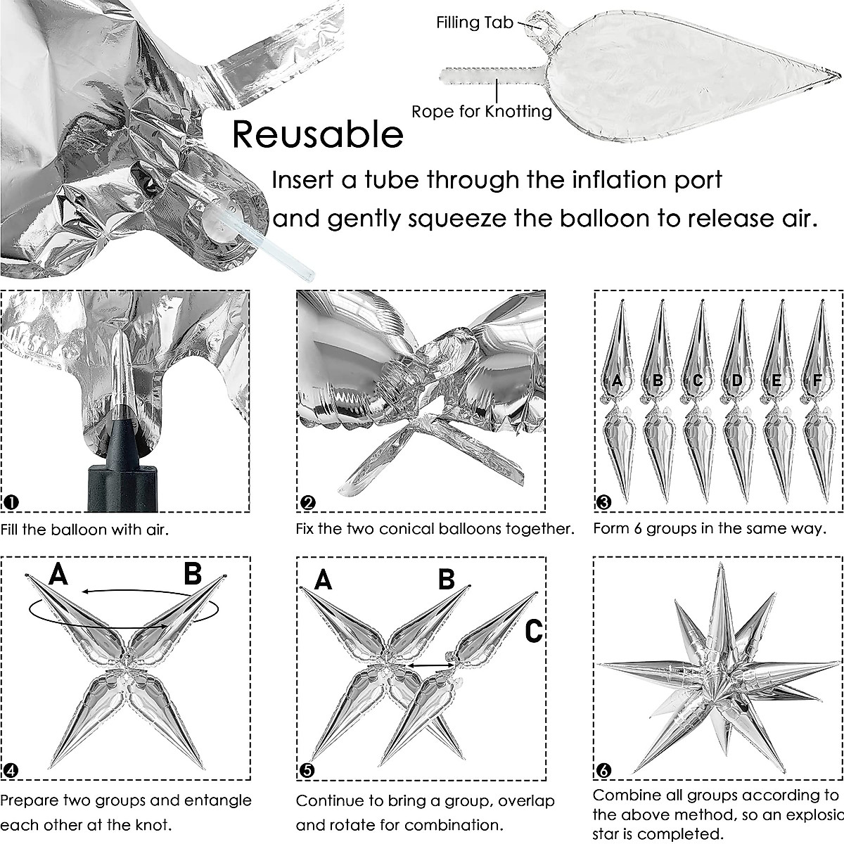 ZAKVOOR Starburst Balloons, 60 Pcs Star Balloons 12 Spike Foil Explosion Party Decoration Balloons for Christmas New Year Eve Birthday (Silver)