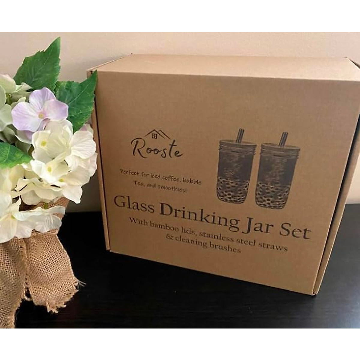 Glass Drinking Jar Gift Set w/Bamboo Lids & Stainless Straws - 7" Tall, Large 24oz in Ball Mason Jar Style. Includes Cleaning Brush. Fun, Reusable, Great for Guests