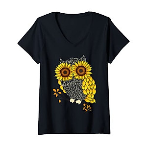 Womens Sunflower Seeds Owl Halloween Bird Lover Women Kids Gift V-Neck T-Shirt