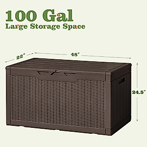 Flamaker Outdoor Storage Box 100 Gallon Waterproof Resin Deck Box with Air Rod Indoor Outdoor Lockable Storage Bench for Patio Cushions, Tools, Pool Accessories (Deep Brown)