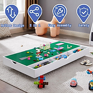 2 in 1 Construction Play Table Compatible with Lego, Game Table with Block Board and Train Car, Rolling Game Table with Locking Wheels and Storage Space, Suitable for Storing Under Bed or Sofa (White)
