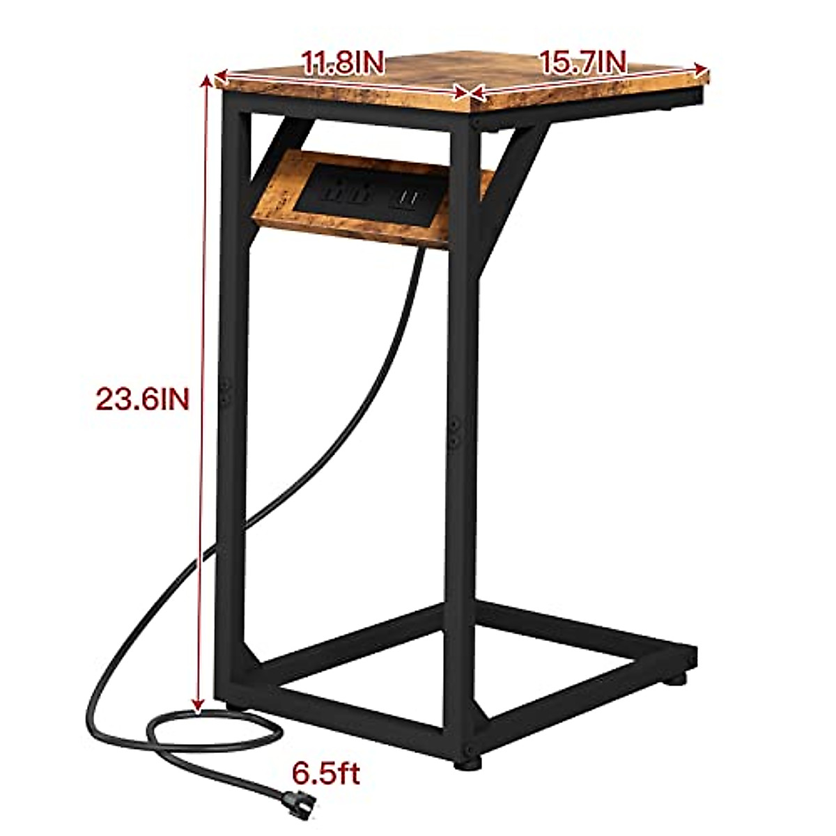 NONGSHIM Side Table, Slim C Shaped End Table with Charging Station, Small Snack Table for Living Room, Bedroom, Sofa Table with USB Ports and Outlets for Small Spaces, Rustic Brown