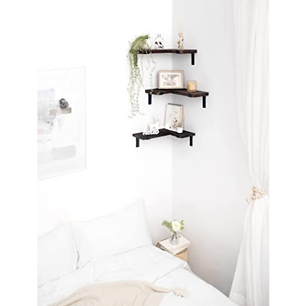 Mkono Rustic Wood Floating Shelves 5 Pieces Wall Mounted Decoractive Shelf and Corner Shelves for Bedroom, Living Room, Bathroom, Kitchen, Hallway, Office