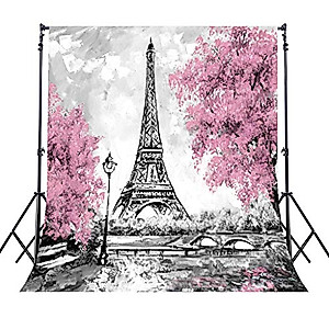 Riyidecor Eiffel Tower Backdrop Fabric Polyester Gray Paris Photography Background Pink Black and White Scenic 5Wx7H Feet Decoration Celebration Props Party Photo Shoot Backdrop Blush RY-PKKE