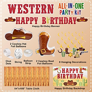 All-in-One 357 Pc Western Party Decorations (Serves 24) Rodeo Party Supplies with Plates, Cups, Napkins, Tablecloth, Balloons, Cake and Cupcake Topper and More Cowboy Birthday Decorations