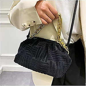 NAARIIAN Dumpling handbag cloud shape shoulder bag casual clutch purse pouch with chunky chain Jacquard velvet crossbody dupe(black s)
