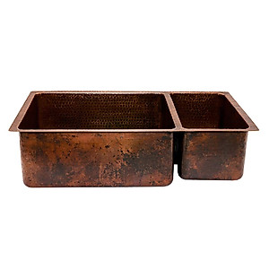 Premier Copper Products K75DB33199 33-Inch Hammered Copper Kitchen 75/25 Double Basin Sink, Oil Rubbed Bronze