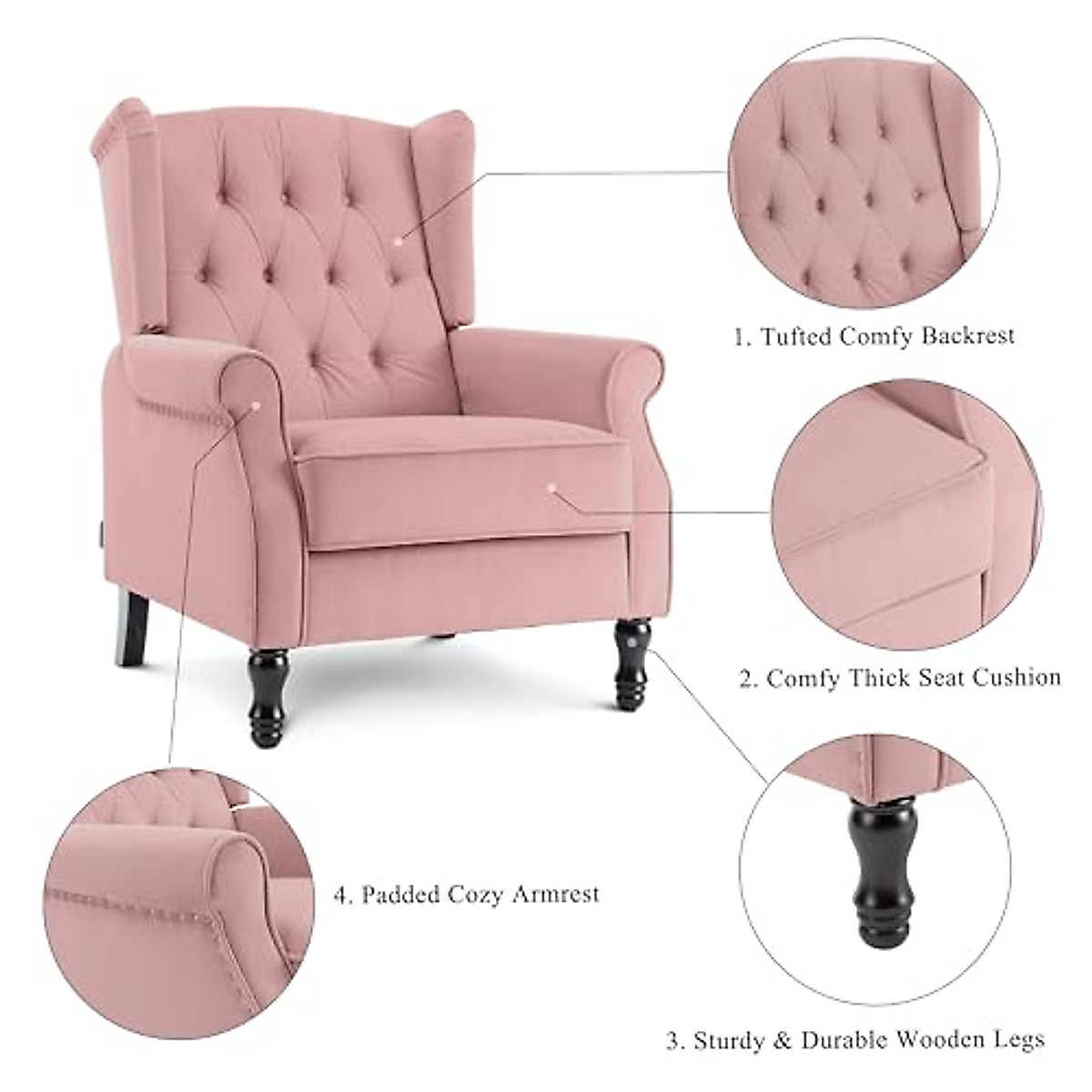 Artechworks Winged Fabric Modern Accent Chair Tufted Arm Club Chair Linen Single Sofa with Wooden Legs Comfy Upholstered for Reading Living Room Bedroom Office, Pink