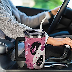 NVBSKKDH Pink Panda Cotton 40 Oz Stainless Steel Tumbler with Handle & Straw Double-Walled Vacuum Insulated Travel Mug for Hot/Cold Drinks, Reusable Thermal Cup for Car Cup Holder