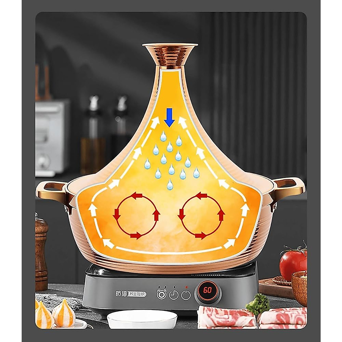 304 Stainless Steel Moroccan Tagine Pot,Non Stick Tagine Stainless Steel Tower Stew Dry Pot Non-stick Slow Cooker Seafood High Lid Pan Electromagnetic Cooker Moroccan Tajine Casserole,Gold,26cm