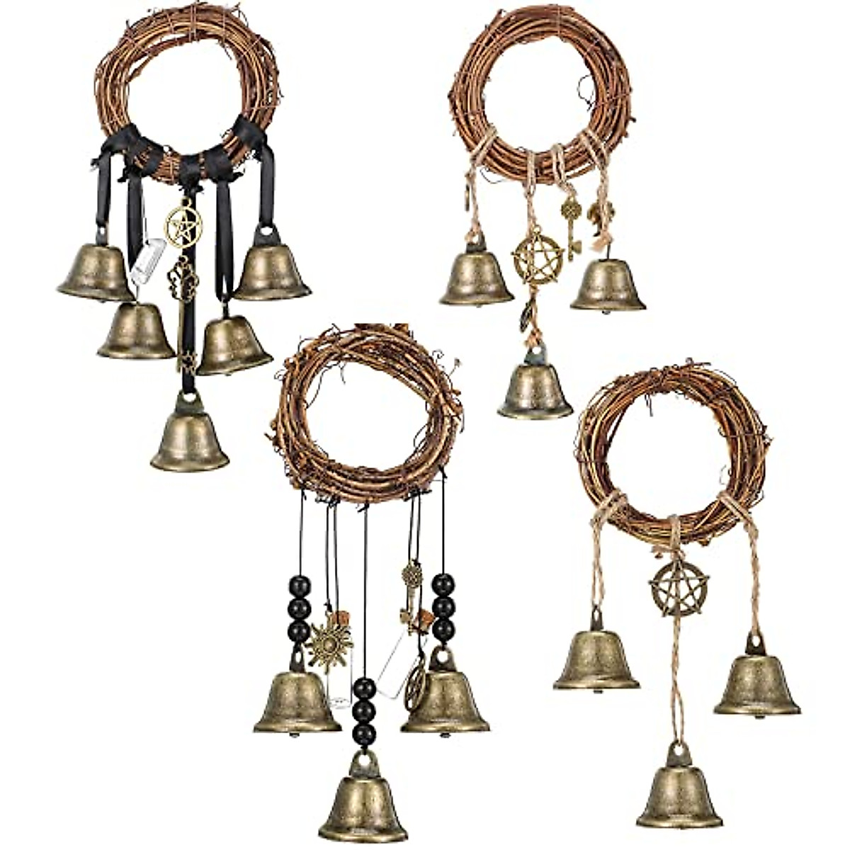 4 Pieces Wiccan Bell Wind Chimes Witch Wind Chimes Door Hanger 3.1 Inch Hanging Witch Bells Protection Witchcraft Home Decor for Patio Garden Boho Home Decor (Elegant Style)