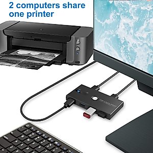 USB 3.0 KVM Switch Selector 2 Computers Sharing 4 USB Devices 4 Port USB Peripheral Switcher Box 2 in 4 Out with One-Button Swapping 2 Pack USB 3.0 Cable for Mouse, Keyboard, Scanner,Printer,Computer