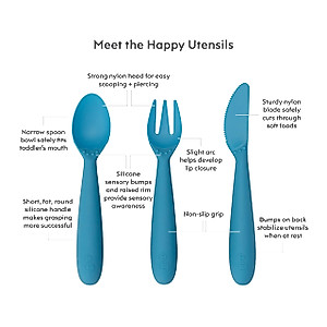 ezpz Happy Utensils - 100% BPA Free Fork, Spoon & Knife for Toddlers + Preschoolers + Self-Feeding - Designed by a Pediatric Feeding Specialist - 24 Months+ (Blue)