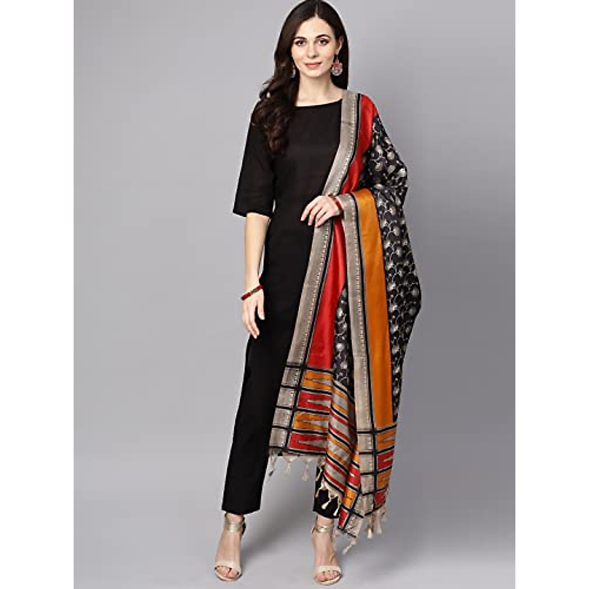 Arayna Women's Cotton Solid Straight Kurta Set with Palazzo Pants and Printed Dupatta, Black, Medium