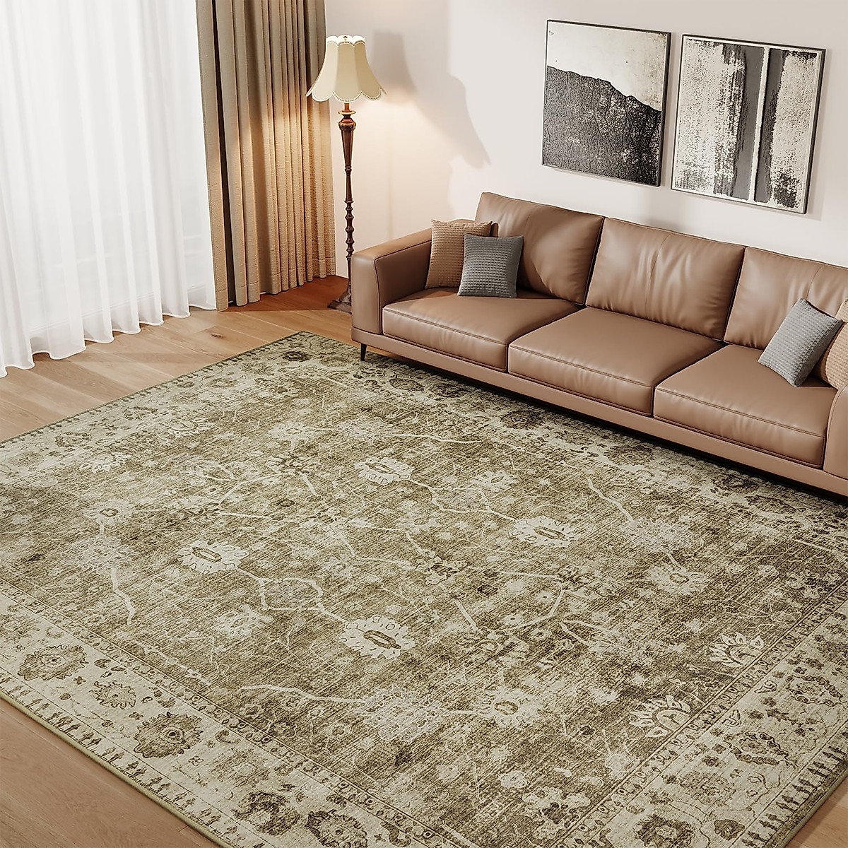 AMOAMI-Vintage 8'x10' Area Rugs for Living Room Washable Area Rug Non-Slip Low Pile Non-Shedding Floral Print Carpet for Bedroom Dining Room Office Double Latte