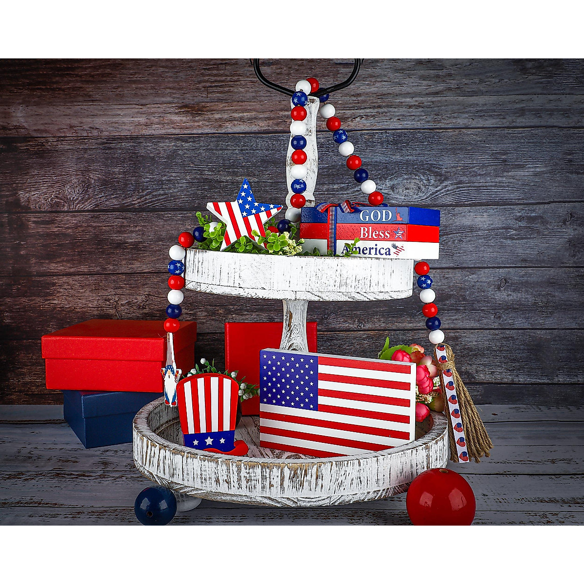 5Pcs 4th of July Tiered Tray Decor Patriotic Wood Signs American Flag Stars and Stripe Wood Blocks Red White Blue Wooden Bead Garland for 4th of July Memorial Day Home Table Decor