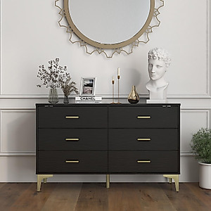 Modern 6 Drawer Wood Dresser, Wood Lateral Chest of Drawers Storage Organizer with Wide Drawers & Metal Gold Handles for Bedroom, Living Room, Hallway, Entryway