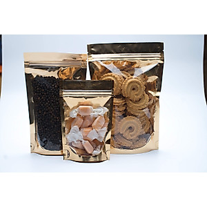 Casavani 100 Pieces Resealable Mylar Zip Lock Food Storage Bags with Clear Window Smell Proof Aluminum Foil Pouch in 3 Sizes - Small, Medium and Large Gold 4x6 inches, 5x6 inches, 6x8.5 inches