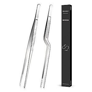 12-inch Cooking Tweezer and Offset Tweezer Set, Tongs Precision Serrated Tips, Stainless Steel Professional Chef Tweezer Kitchen Tools for BBQ, Plating and Serving