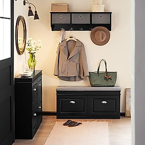 SoBuy Black Storage Shoe Bench with 2 Flip Drawers, Hidden Shoe Bench, Free Standing Shoe Rack, Shoe Cabinet, Hallway Storage Bench with Seat Cushion FSR64-SCH