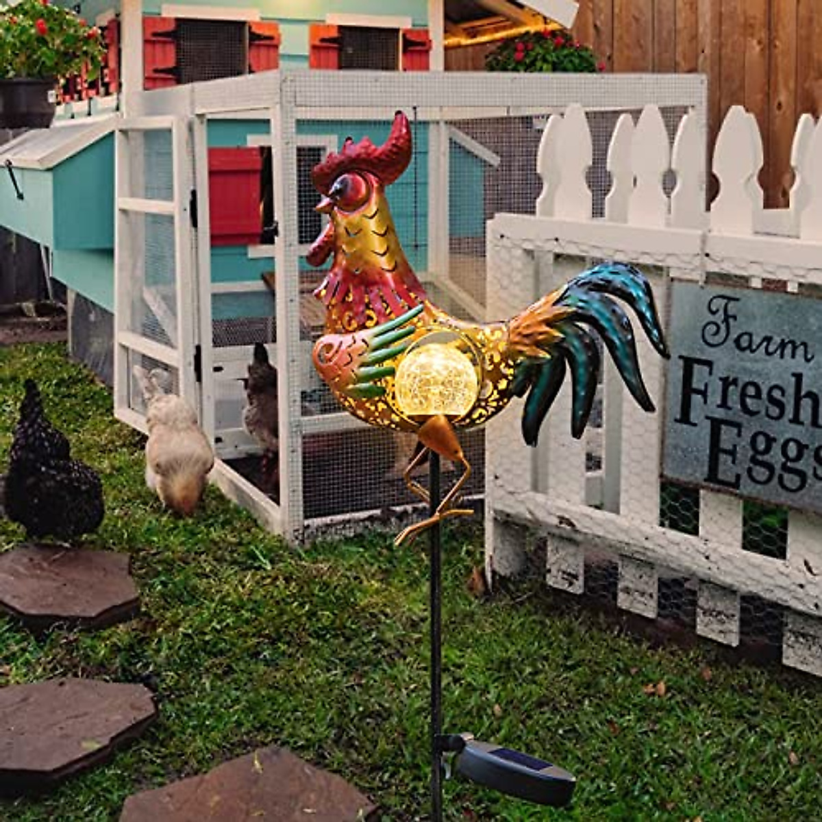 Tryme Solar Lights Outdoor Decorative Rooster Garden Decor Chicken Crackle Glass Globe Stake Lights Waterproof Warm White LED Yard Decor for Pathway Lawn Patio Courtyard Backyard