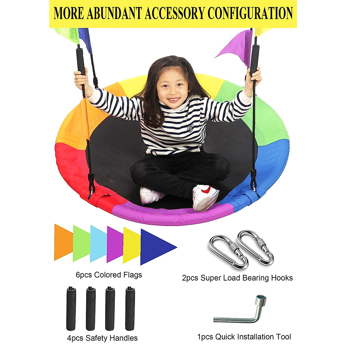 LANGXUN 40 Inch Rainbow Saucer Tree Swing for Kids and Adults, with Carabiners and Flags, 700 lb Weight Capacity, Steel Frame, Waterproof, Outdoor Swing Sets for Backyard