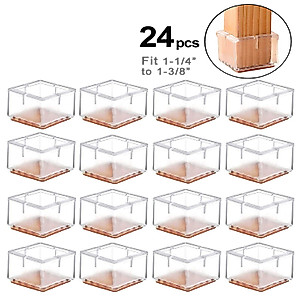 TEKEFT Chair Leg Wood Floor Protectors Flexible Silicone Square 1-1/8" to 1-3/8" Clear (24 pack）