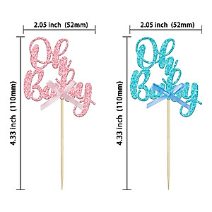 Gyufise 36Pcs Oh Baby Cupcake Toppers Pink Blue Bow Glitter Baby Shower Gender Reveal Cupcake Picks for Boy or Girl Theme Baby Shower Kids Birthday Party Cake Decorations Supplies